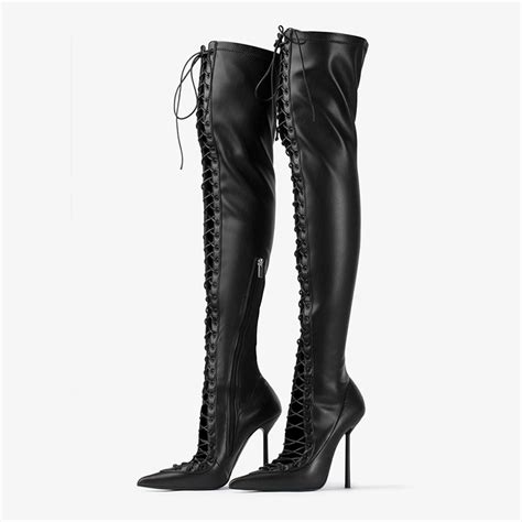 Stylish Pointy Toe Stiletto Heel Lace Up Thigh High Boots In Black