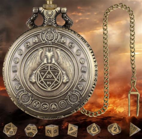 Bronze Pterosaur Dnd Pocket Watch With Mini Metal Dice Set Gator Games