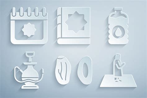 날짜 과일 물 병 후카 무슬림 남자가기도 거룩한 책 코란 라마단 달력 아이콘을 설정합니다 벡터 3차원 형태에 대한 스톡 벡터 아트 및 기타 이미지 Istock