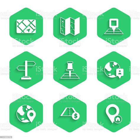Set Folded Map With Location Marker Toll Road Traffic Location House The Globe Road Sign And Gps