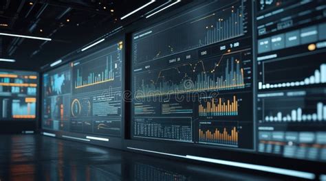 advanced data visualization in a high tech control room with multiple screens displaying graphs