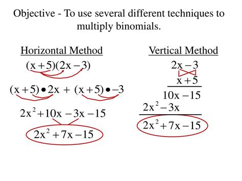 PPT Techniques For Multiplying Binomials Horizontal And Vertical Methods PowerPoint