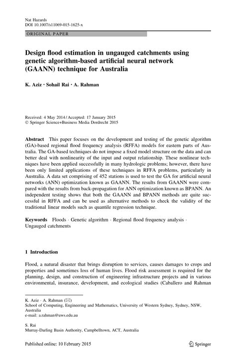 Pdf Design Flood Estimation In Ungauged Catchments Using Genetic