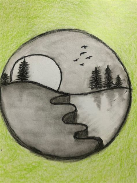 Dibujo A Lápiz De Paisaje Con Luna Llena