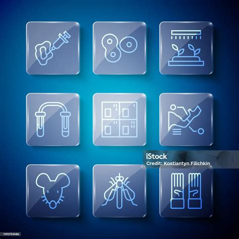 세트 라인 실험용 마우스 곤충 의료용 고무 장갑 자동 관개 스프링클러 주기율표 시험관 및 플라스크 주사기 및 보철물 손 아이콘 벡터 Dna에 대한 스톡 벡터 아트 및 기타