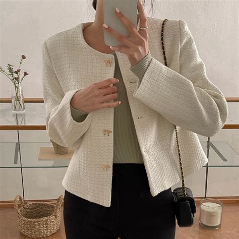 가을신상♥하객룩 골드 리본 버튼 트위드 자켓 에이블리