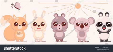 Set Cartoon Animals Japanese Kawaii Style Stock Vector Royalty Free