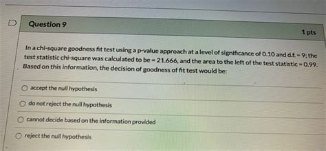 Solved Question 9 1 Pts In A Chi Square Goodness Fit Test
