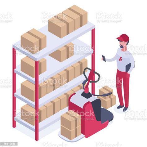 아이소메트릭 창고 작업자 소포와 상자 창고 및 물류 지게차 3d 벡터 삽화가 있는 배달 및 배송 서비스 노동자 흰색 배경에 3차원 형태에 대한 스톡 벡터 아트 및 기타