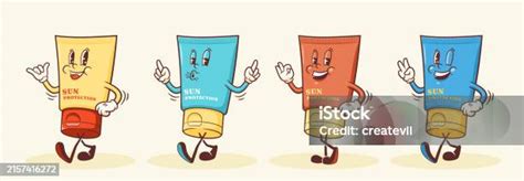 그루비 선스크린 크림 레트로 캐릭터 컬렉션 만화 태양 자외선 차단 튜브 걷는 미소 벡터 여름 마스코트 템플릿 세트 행복 빈티지