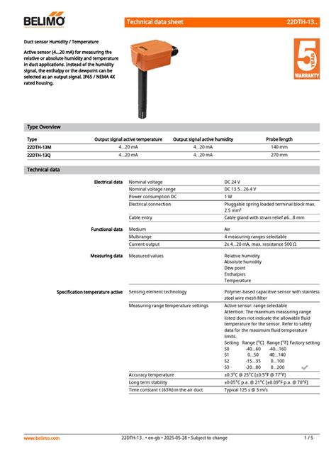 Belimo 22dth 13 Duct Sensor Data Sheet Pdf Sensor Humidity
