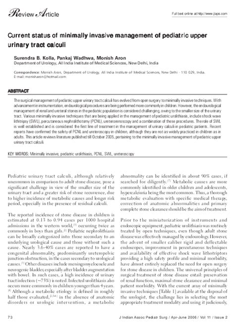 Pdf Current Status Of Minimally Invasive Management Of Pediatric Upper Urinary Tract Calculi