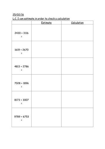 Estimating Addition Questions Teaching Resources
