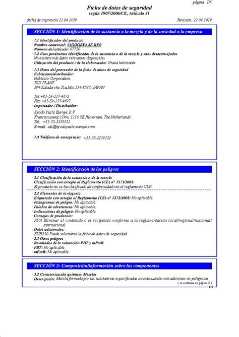 8 Sds Vigogrease Es Ficha De Datos De Seguridad Según 19072006ce