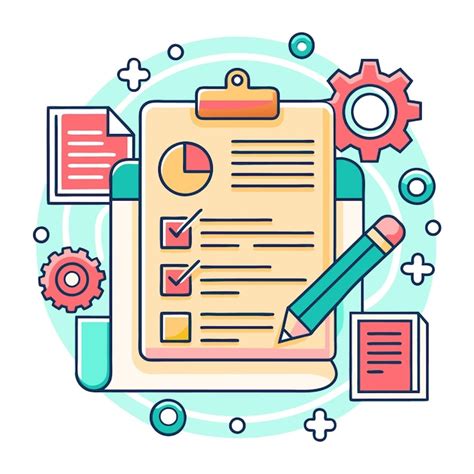 A Clipboard With A Checklist Pie Chart And Pencil Surrounded By Gears And Documents Premium Ai