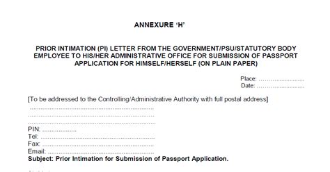 Annex H Prior Intimation Letter For Govt Employee Passport