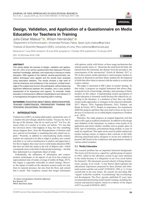 Pdf Design Validation And Application Of A Questionnaire On Media Education For Teachers In