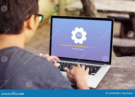 Man Working And Installing Update Process With Gearbox Percentage Progress And Loading Bar On