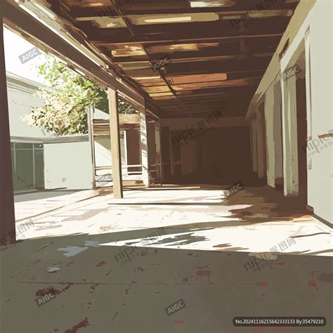 Ai创作图阳光中庭 廊棚廊屋 学院中庭 中庭天井 回廊凉亭走廊影子 住宅中庭 室外通廊 廊下光影 前后庭院 学校廊道 学校连廊 室内中庭 走廊