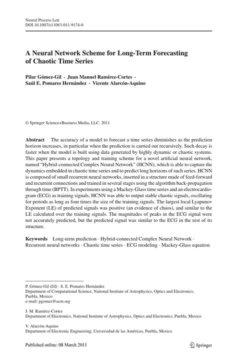 PDF A Neural Network Scheme For Long Term Forecasting Of Chaotic Time Series
