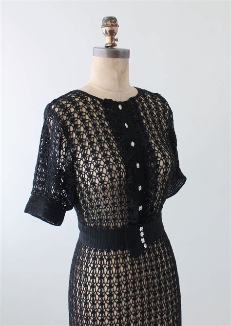 Vintage 1930s Black Knit Ruffle Front Dress Raleigh Vintage