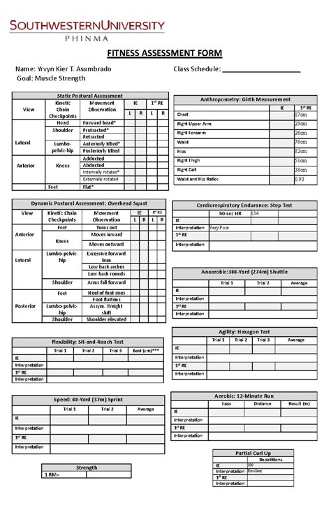 Physical Assessment Form Fitness Assessment Form Name Yrvyn Kier T