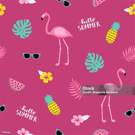 플라밍고 파인애플 열대 잎 수박 꽃 보라색 배경에 선글라스와 여름 원활한 귀여운 다채로운 패턴 0명에 대한 스톡 벡터 아트 및 기타 이미지 Istock
