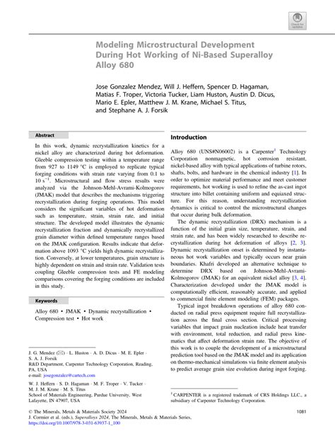 Pdf Modeling Microstructural Development During Hot Working Of Ni Based Superalloy Alloy 680