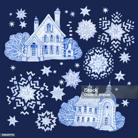 크리스마스 스타와 눈송이 환상 건물의 집합입니다 손으로 그린 블루 수채화 동화 어두운 남색 바탕에 고립 된 오래 된 타운 하우스
