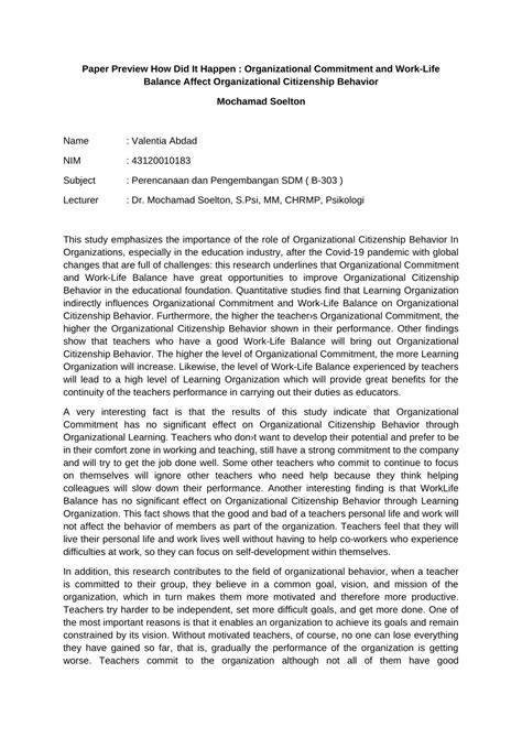 Pdf Paper Preview How Did It Happen Organizational Commitment And Work Life Balance Affect