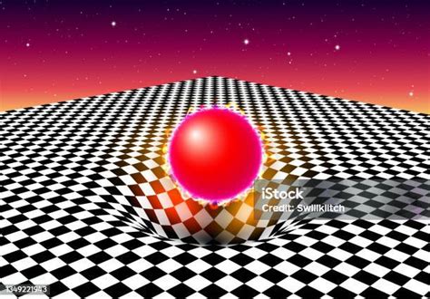 바닥에 구덩이 또는 구멍에 빨간색 공과 중력 효과와 추상 체크 보드 배경 증기파 또는 신디웨이브 80년대 스타일 일러스트레이션 1980 1989 년에 대한 스톡 벡터 아트