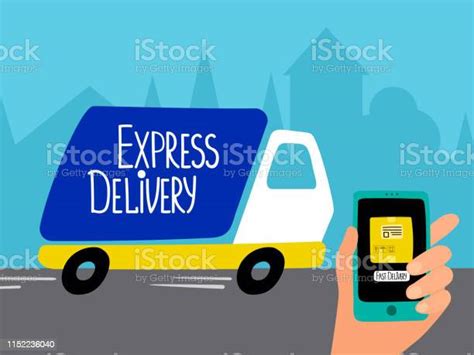 온라인 배달 서비스 벡터 개념입니다 배달 트럭 전화 및 도시 실루엣과 손 감시에 대한 스톡 벡터 아트 및 기타 이미지 감시 교통수단 도로 Istock