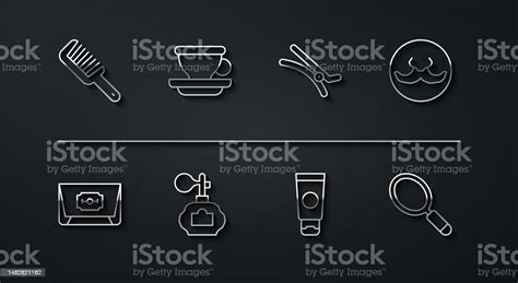 세트 라인 헤어 브러시 블레이드 면도기 콧수염 크림 화장품 튜브 애프터 쉐이브 커피 컵 핸드 미러 및 클립 아이콘 벡터 거울에 대한 스톡 벡터 아트 및 기타 이미지 Istock