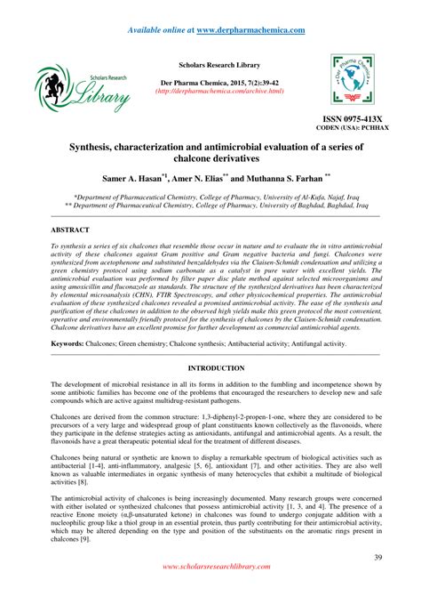 Pdf Synthesis Characterization And Antimicrobial Evaluation Of A Series Of Chalcone Derivatives