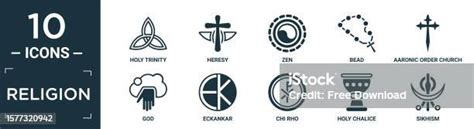 채워진 종교 아이콘 세트입니다 플랫 거룩한 삼위 일체 이단 선 구슬 아론 교단 교회 하나님 Eckankar Chi Rho 거룩한 성배 시크교 아이콘을 편집 가능한 형식으로