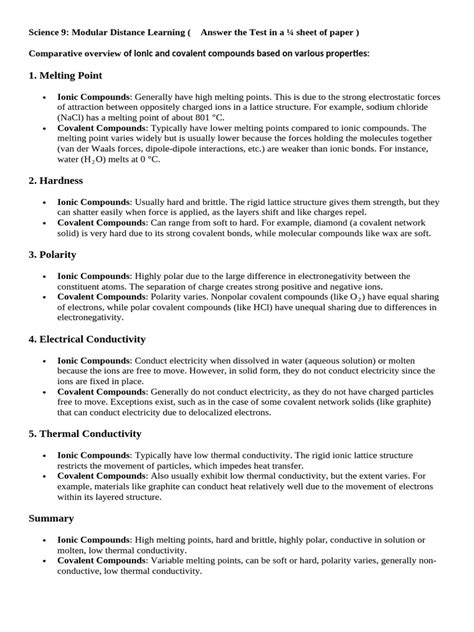 Science 9 Modular Distance Learning 1 Pdf Ionic Bonding Chemical Compounds
