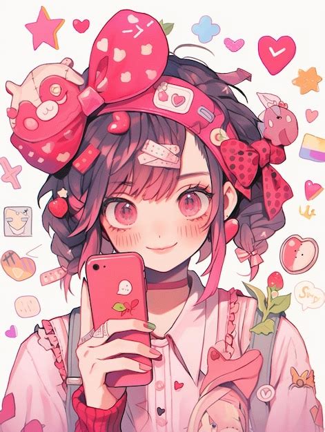 Premium Photo Anime Girl With A Pink Hat Holding A Cell Phone