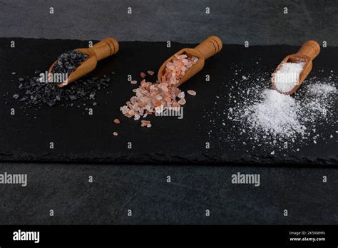 Different Types Of Salt White Sea Pink Himalayan And Black Volcanic