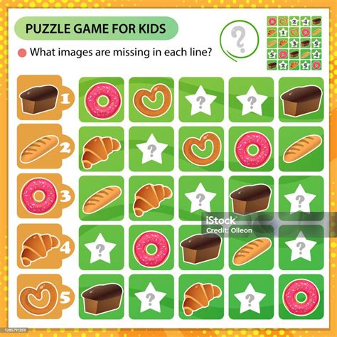 스도쿠 퍼즐 각 줄에 누락된 이미지는 무엇입니까 구운 식품 빵 밀 덩어리 퍼프 롤빵 양귀비와 베이글 아이들을위한 논리 퍼즐