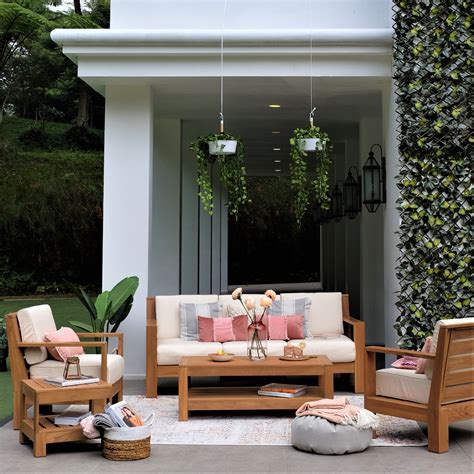 Logan Teak Wood 5 Piece Patio Conversation Set With Sunbrella Vellum