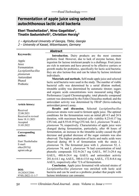 Pdf Fermentation Of Apple Juice Using Selected Autochthonous Lactic Acid Bacteria
