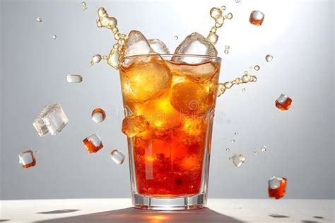 Glass Of Iced Tea With Ice Cubes Splashing And Exploding On Gray Background Stock Illustration
