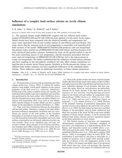 Pdf Influence Of A Complex Land Surface Scheme On Arctic Climate