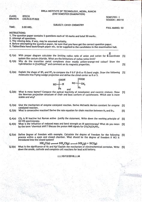 Ch101 Chemistry Bit Mesra Btech 1st Year Question Paper