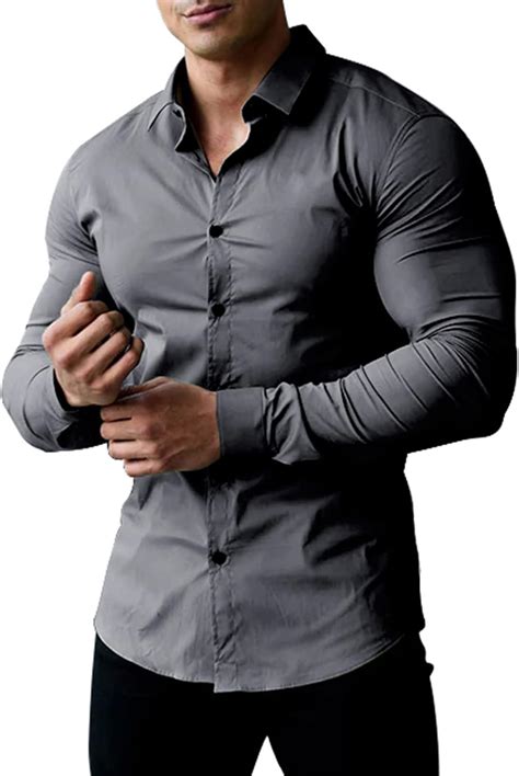 Elanbells Men Muscle Fit Dress Shirts Slim Fit Stretch Wrinkle Free