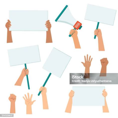 항의 배너를위한 템플릿입니다 빈 항의 포스터를 들고 있는 손 손을 들어 올렸다 데모 집합입니다 플랫 벡터 그림입니다 성명서 정치에 대한 스톡 벡터 아트 및 기타 이미지