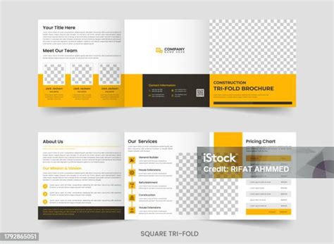 건설 및 리노베이션 정사각형 삼중 브로셔 템플릿 디자인 또는 부동산 홍보 브로셔 전단지 3단 브로슈어에 대한 스톡 벡터 아트 및 기타 이미지 3단 브로슈어 디자인