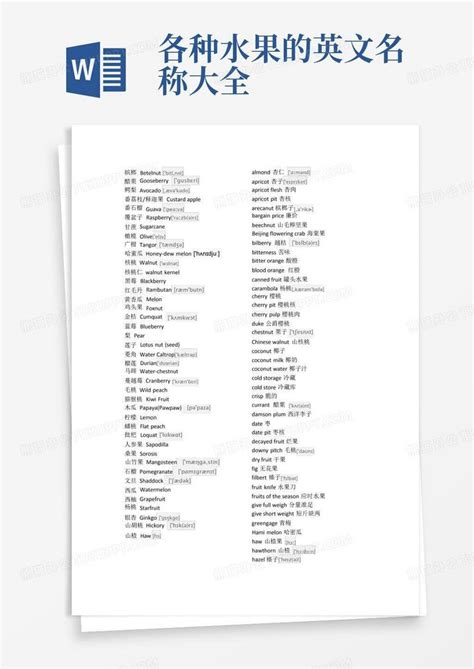 各种水果的英文名称大全Word模板下载 编号qgxwmdzm 熊猫办公