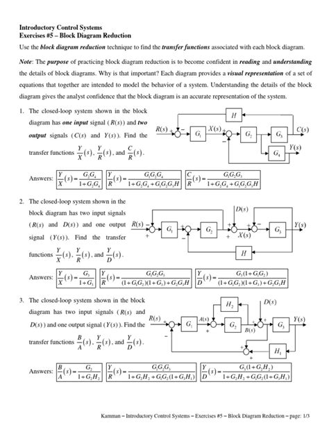 Exercises 05 Block Diagram Reduction Pdf Control Theory Applied Mathematics
