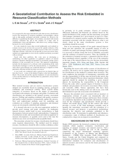 Pdf A Geostatistical Contribution To Assess The Risk Embedded In Resource Classification Methods